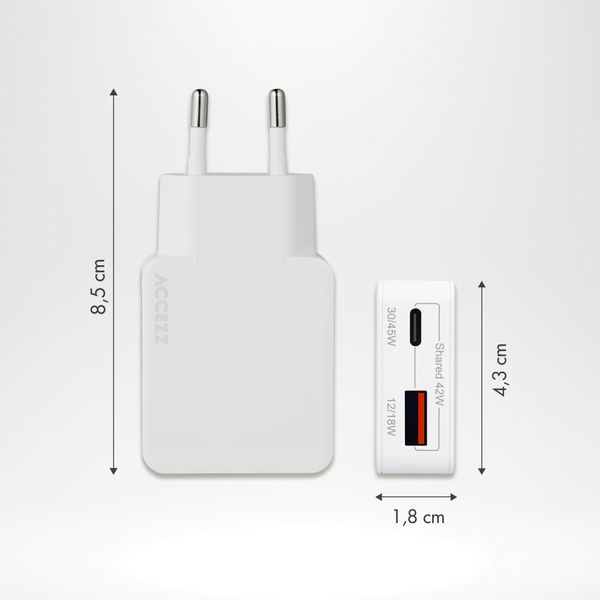 Accezz Ultra Slim GaN Oplader - USB-C + USB-A - 45W - Wit - Amazfit Active